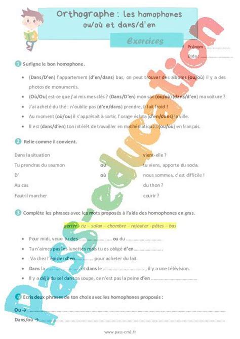 Les homophones grammaticaux ou où et dans den Exercices d