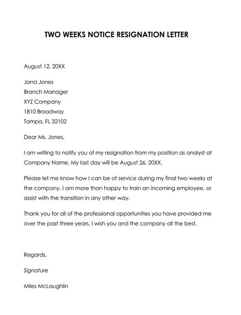 Two Weeks Notice Resignation Letter 14 Samples
