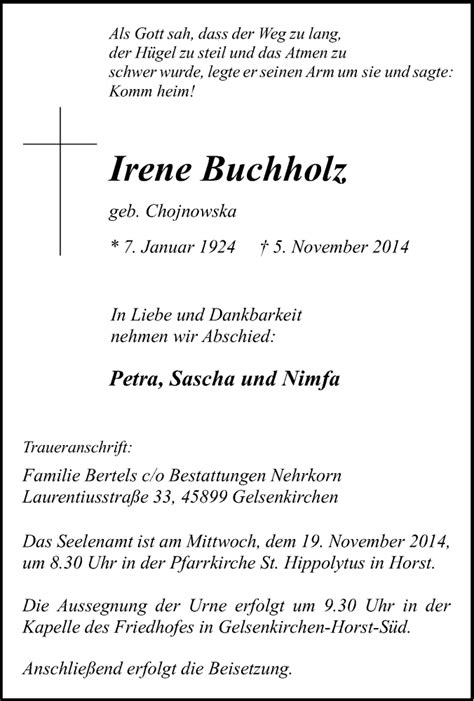 Traueranzeigen Von Irene Buchholz Trauer In NRW De