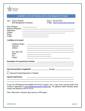 Fillable Online Lonestar Certificate Of INsurance COI Request Form