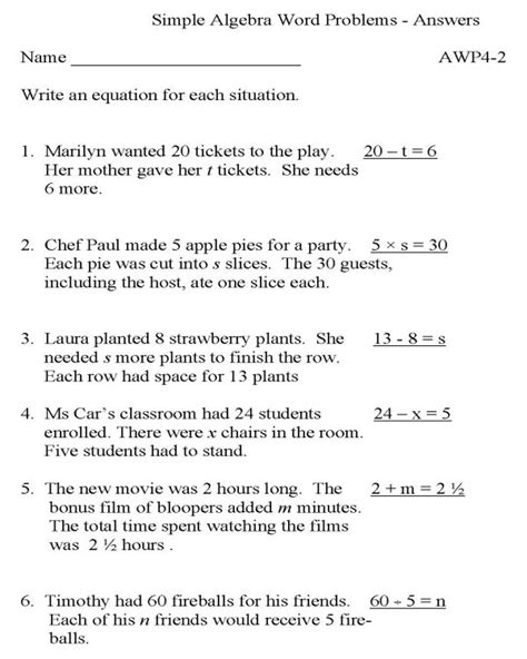 solving equations word problems worksheet