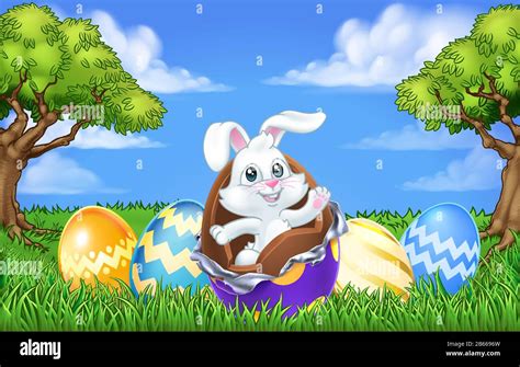 Easter Bunny Rabbit Breaking Chocolate Egg Scene Stock Vector Image