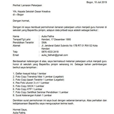 15 Contoh Surat Lamaran Kerja Guru TK SD SMP SMA Yang Benar
