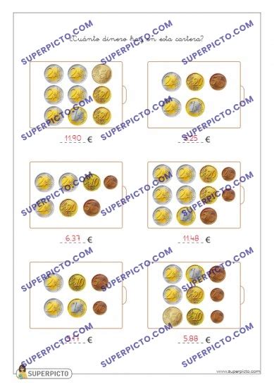Ficha de cálculo con monedas y billetes para imprimir Recursos y