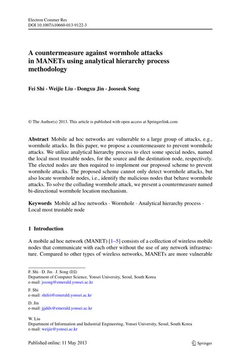 pdf a countermeasure against wormhole attacks in manets using analytical hierarchy process