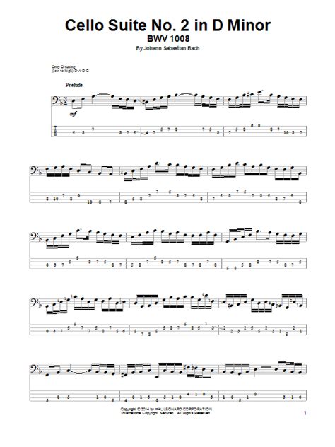 Cello Suite No 2 In D Minor BWV 1008 Bass Guitar Tab By J S Bach