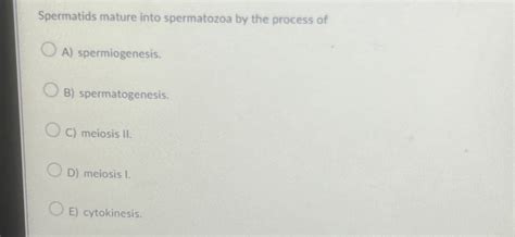 Solved Spermatids Mature Into Spermatozoa By The Process Chegg