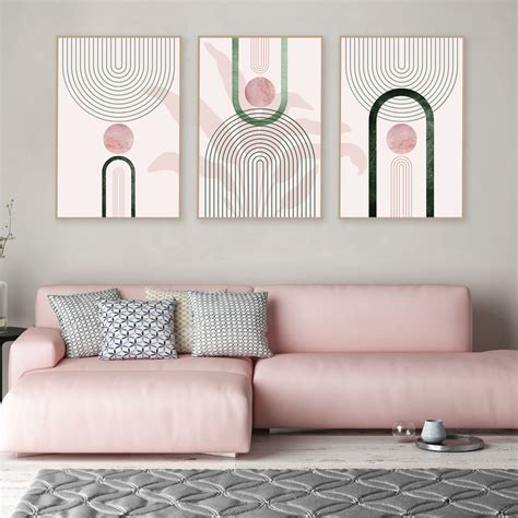 Printable Pink Green Wall Art Art Set Of 3 Mid Century Trio Etsy