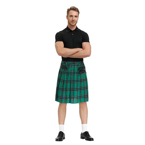 Men S Classic Green Plaid Pleated Skirt Scottish Holiday Mid Waist