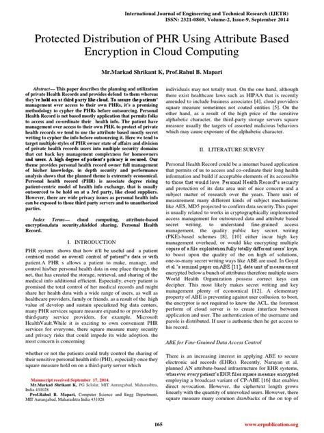 protected distribution of phr using attribute based encryption in cloud computing pdf