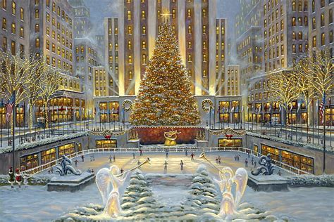 芸術 絵画 クリスマス クリスマスツリー 休日 光 ロックフェラーセンター スケートリンク HDデスクトップの壁紙