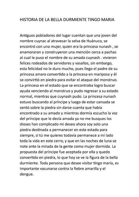 Historia DE LA Bella Durmiente Tingo Maria HISTORIA DE LA BELLA