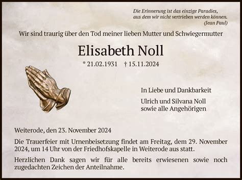 Traueranzeigen Von Elisabeth Noll Trauer HNA De