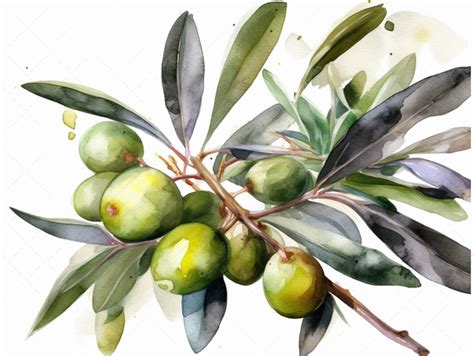 Watercolor Painting Of Olives On A Branch Watercolor Art Olive Fruit