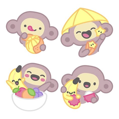 Free Vector Fruits Stickers Collection With Monkey And Banana