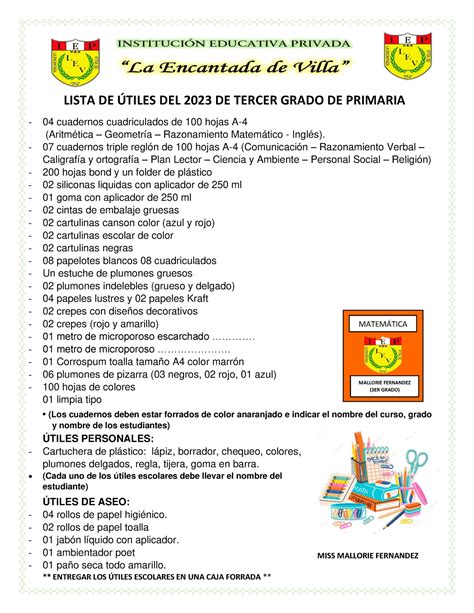 Lista DE Útiles DEL 2023 DE 3er Grado LISTA DE ÚTILES DEL 2023 DE
