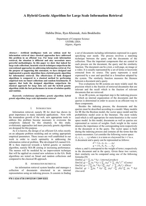 pdf a hybrid genetic algorithm for large scale information retrieval