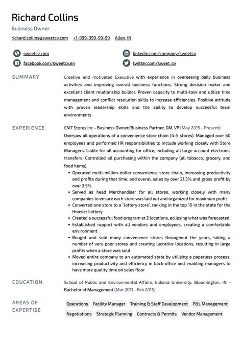 Business Owner Resume Example Entrepreneur CV Template