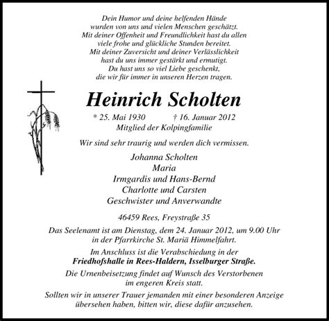 Traueranzeigen Von Heinrich Scholten Trauer In NRW De