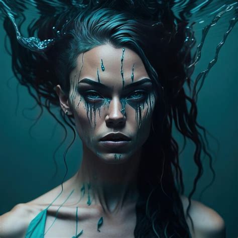 Una Mujer Con Ojos Azules Y Un Fondo Azul Con Agua Corriendo Por Su