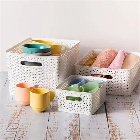Set De Cajas Organizadoras Simil Rattan Mediana Con Tapa P En Venta