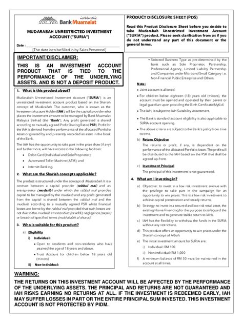 Fillable Online PRODUCT DISCLOSURE SHEET MUDARABAH TERM Fax Email