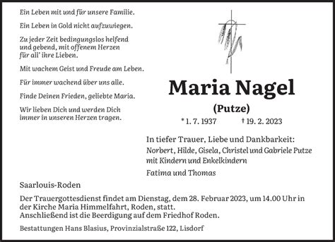 Traueranzeigen Von Maria Nagel Saarbruecker Zeitung Trauer De