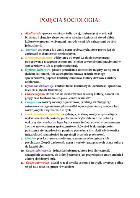 POJĘCIA Socjologia Streszczenie Podstawy Socjologii POJĘCIA