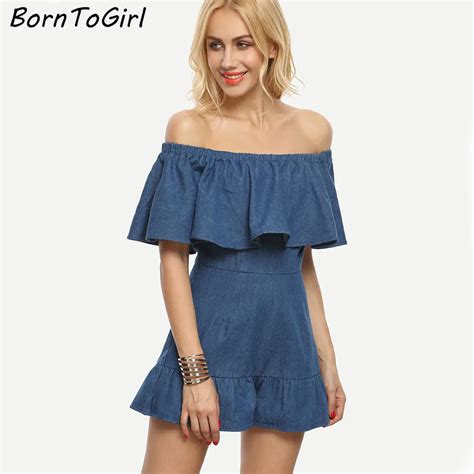 BornToGirl Sexy Denim Jumpsuit Women Short Sleeve Slash Neck Playsuit