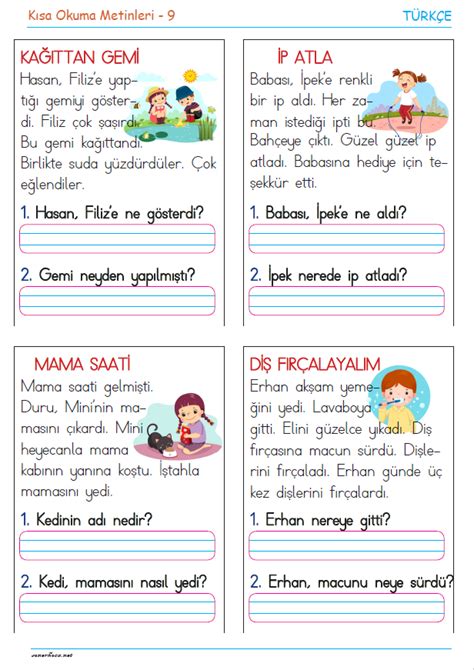 1 Sınıf Kısa Okuma Metinleri 09 Çalışma kağıdı Sorular
