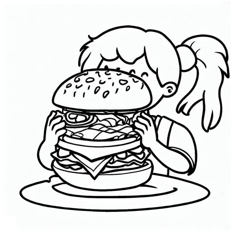 Coloriage Fille Mange un Hamburger télécharger et imprimer gratuit