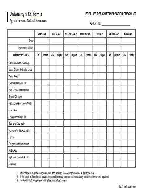 Printable Free Weekly Forklift Inspection Checklist Template