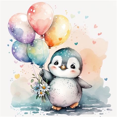 Pinguin Aquarell Clipart Kinderzimmer Dekor Pinguin Mit Luftballon