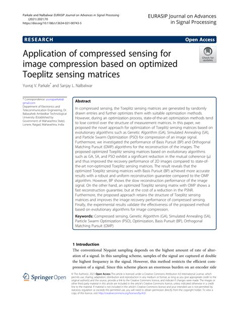 pdf application of compressed sensing for image compression based on optimized toeplitz