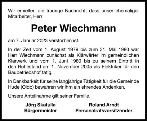 Traueranzeigen Von Peter Wiechmann Nordwest Trauer De