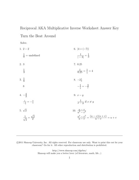 reciprocal aka multiplicative inverse worksheet answer key turn