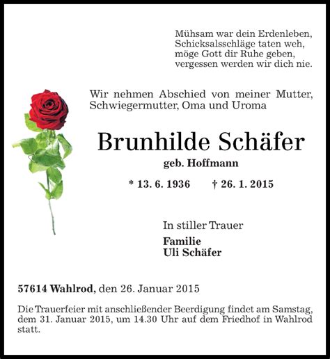 Traueranzeigen von Brunhilde Schäfer rz trauer de