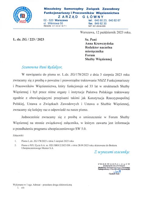 Pismo Zarządu Głównego NSZZFiPW skierowane do Forum Służby Więziennej