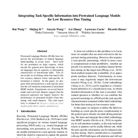 integrating task specific information into pretrained language models for low resource fine
