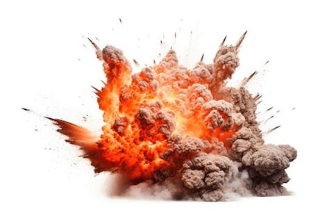 Efecto visual explosión con fuego y humo aislados en fondo blanco