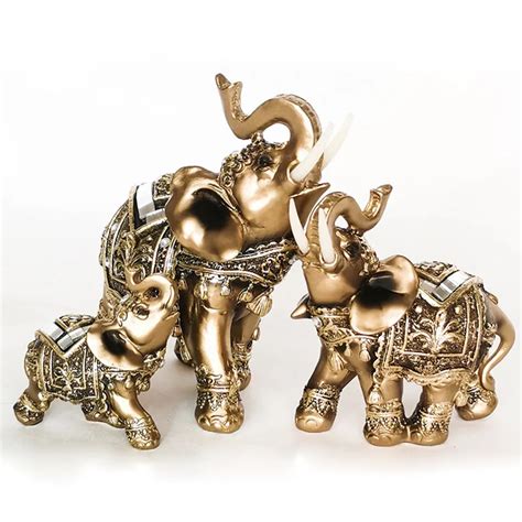 Golden Resin Elephant Statue Lucky Feng Shui Elegant Elephant Trunk