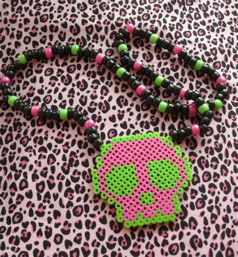 Supa Dupa Brite Pink And Green Skull Necklace Mini Hama Beads Perler