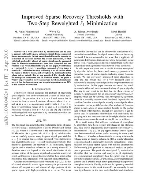 pdf improved sparse recovery thresholds with two step reweighted l 1 minimization