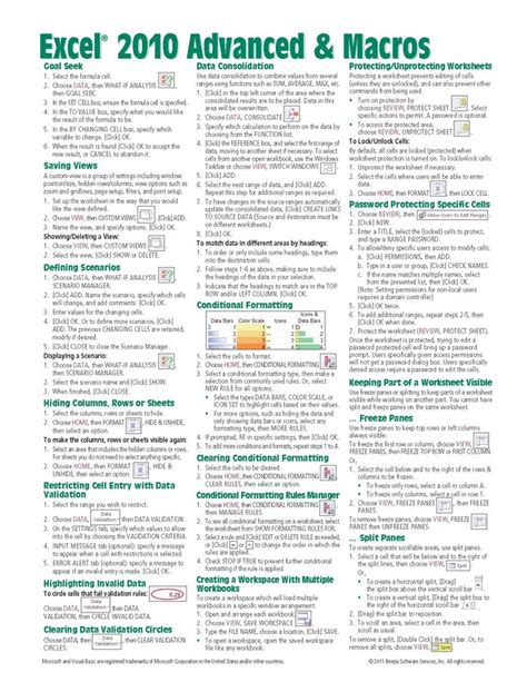 microsoft excel 2010 advanced and macros quick reference guide cheat sheet of instructions tips