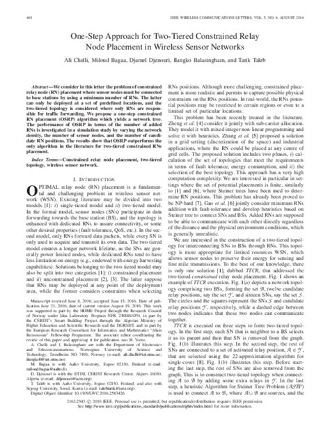pdf one step approach for two tiered constrained relay node placement in wireless sensor