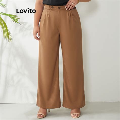 Lovito Plus Size Curve Elegant Plain Button High Waist Pants For Women