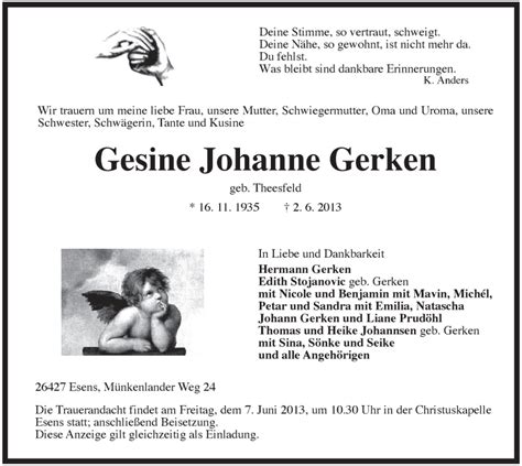 Traueranzeigen Von Gesine Johanne Gerken Nordwest Trauer De