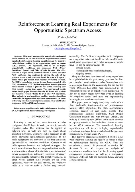 pdf reinforcement learning real experiments for opportunistic spectrum access