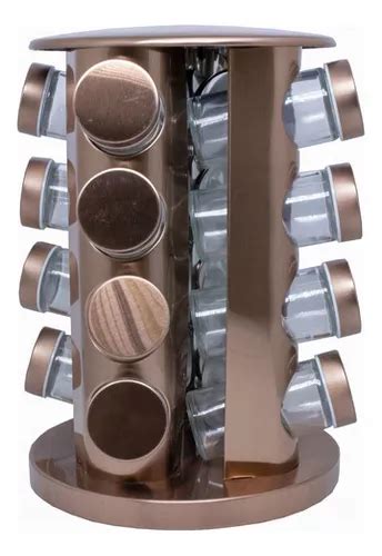 Porta Tempero Giratório Em Inox 16 Potes Vidro Vermelho Cor Rose gold