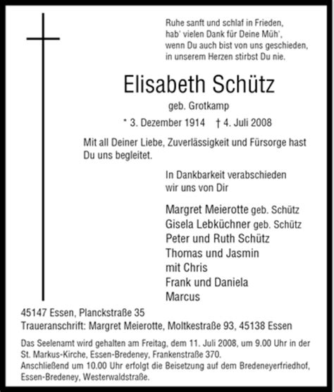 Traueranzeigen von Elisabeth Schütz Trauer in NRW de